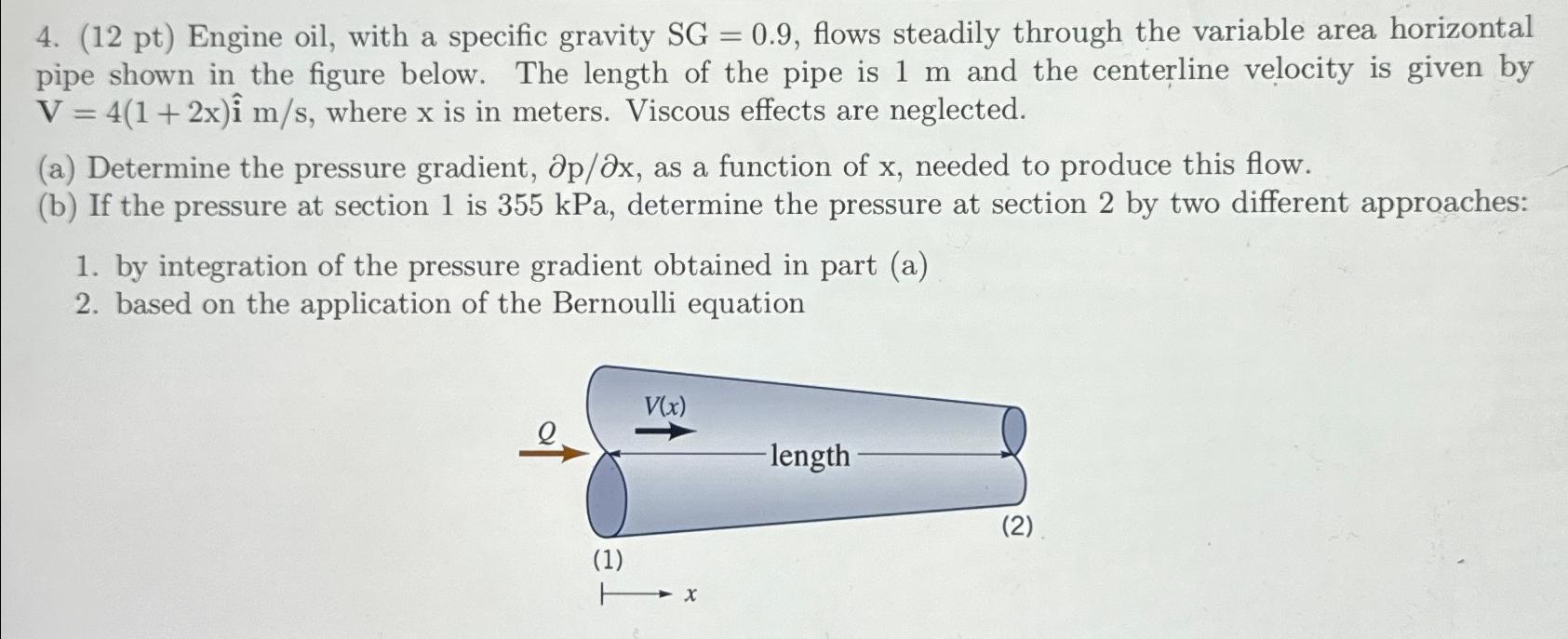 Solved (12 ﻿pt) ﻿Engine oil, with a specific gravity SG=0.9, | Chegg.com