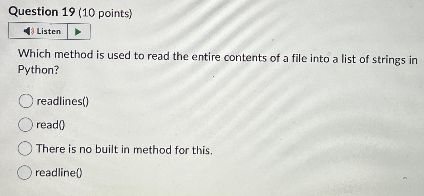 Solved Question 19 (10 ﻿points)Which method is used to read | Chegg.com