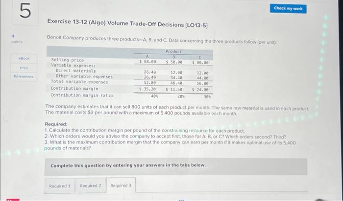 Solved Exercise 13-12 (Algo) Volume Trade-Off Decisions | Chegg.com