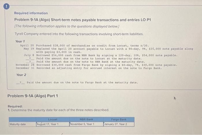 Solved Required information Problem 9-1A (Algo) Short-term | Chegg.com