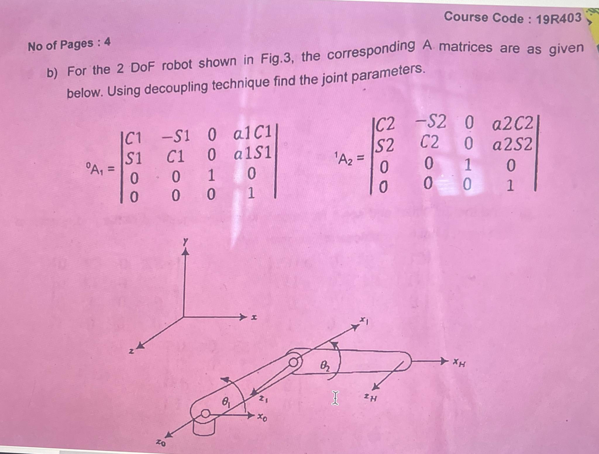 Solved Course Code : 19R403No of Pages : 4b) ﻿For the 2 ﻿DoF | Chegg.com