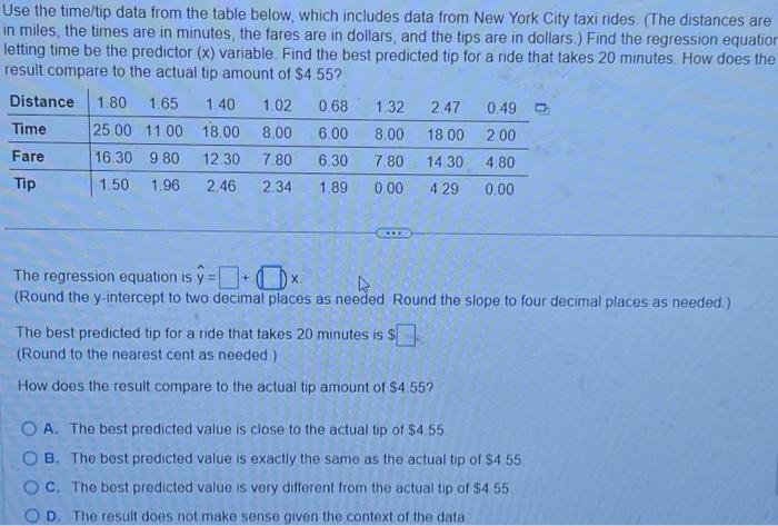 Use the time/tip data from the table below, which | Chegg.com
