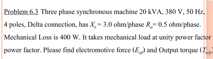Solved Problem 6.3 Three phase synchronous machine 20 kVA, | Chegg.com