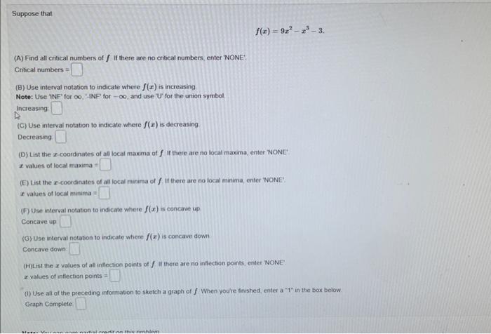 Solved Suppose that f(x)=9x2−x3−3 (A) Find all critical | Chegg.com