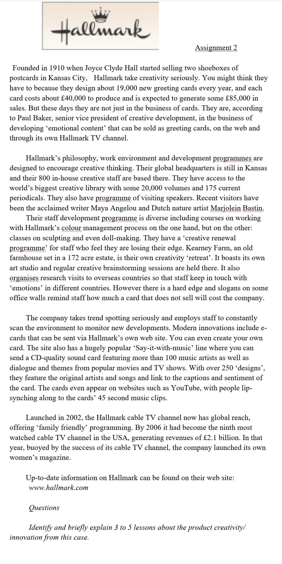 Solved Hallmark Assignment 2 Founded in 1910 when Joyce | Chegg.com