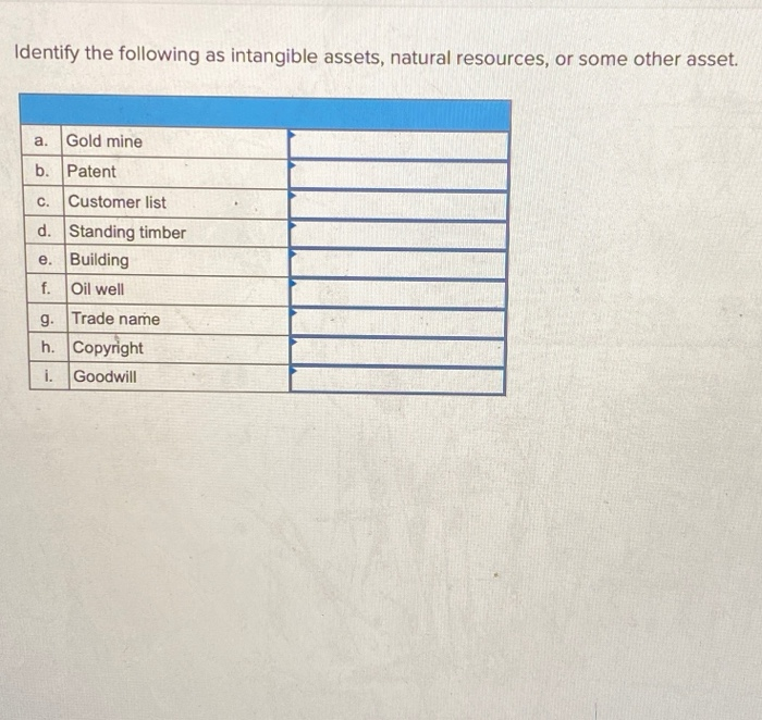 Solved Identify the following as intangible assets, natural | Chegg.com
