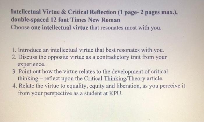 Intellectual Virtue \& Critical Reflection (1 page- 2 | Chegg.com