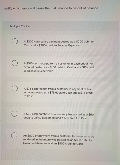 Solved Identify which error will cause the trial balance to | Chegg.com