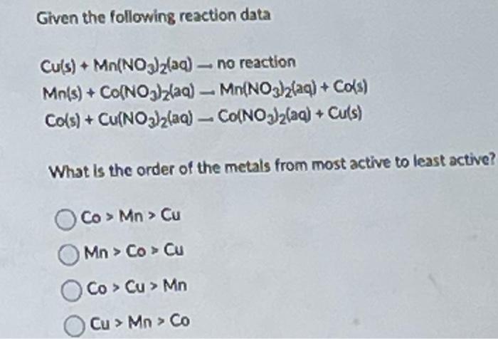 Solved Given the following reaction data Cu(s) + | Chegg.com