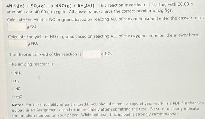 Solved 4NH3(9) + 502(9) --> 4NO(g) + 6H20(1) This reaction | Chegg.com