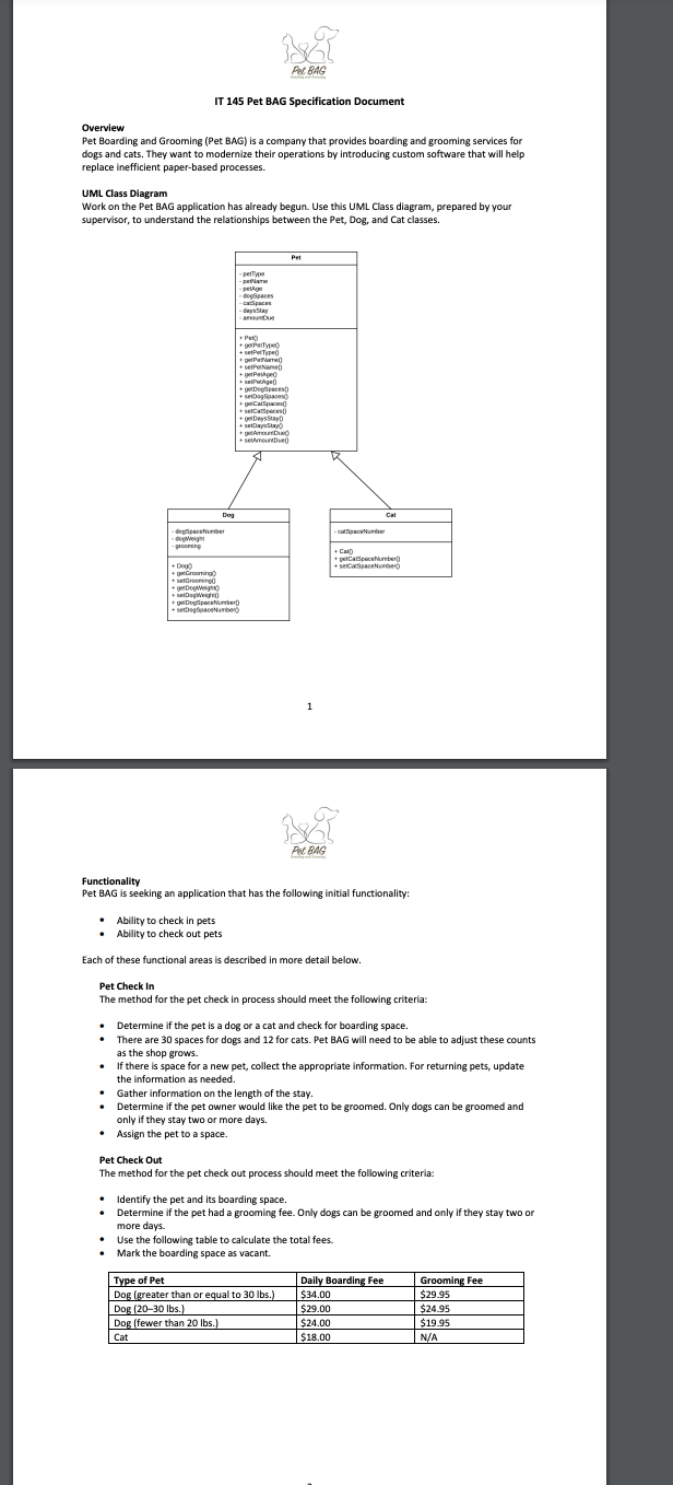 Solved Create a Flow chart IT 145 ﻿Pet BAG Specification | Chegg.com