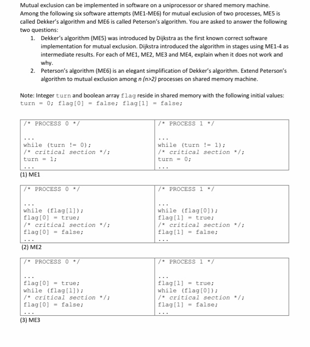 Solved Mutual exclusion can be implemented in software on a | Chegg.com