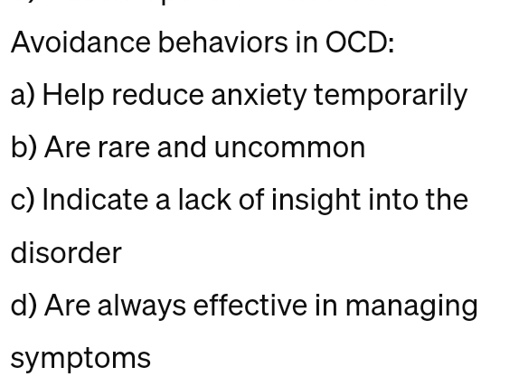 Solved psychology,:Avoidance behaviors in OCD:a) ﻿Help | Chegg.com