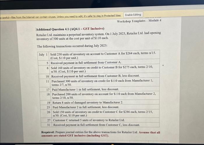 Solved Additional Question 4.1 (AQ4.1 - GST Inclusive) | Chegg.com