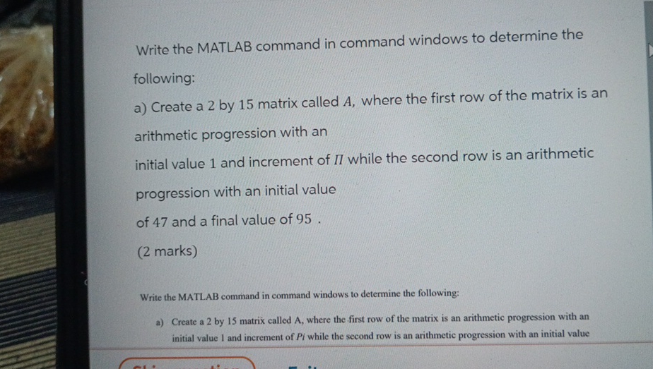 Write the MATLAB command in command windows to | Chegg.com