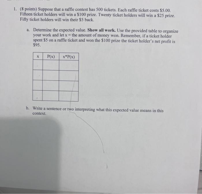 Solved ( 8 points) Suppose that a raffle contest has 500 | Chegg.com