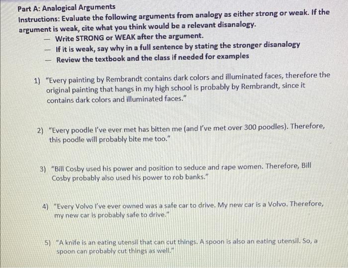 Part A: Analogical Arguments Instructions: Evaluate | Chegg.com