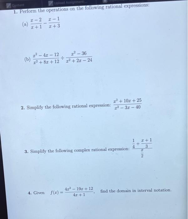 Solved 1. Perform the operations on the following rational | Chegg.com