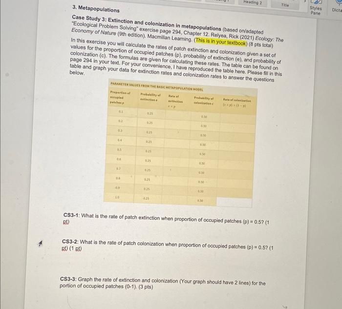 Solved 3. Metapopulations Case Study 3: Extinction and | Chegg.com
