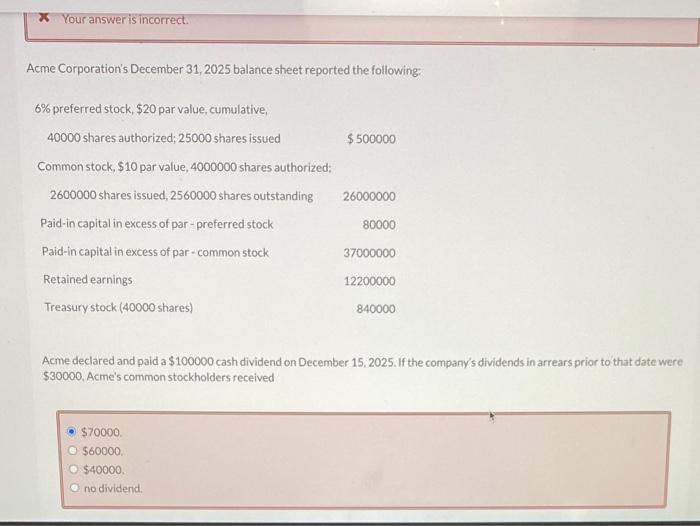Solved Acme Corporation's December 31,2025 balance sheet | Chegg.com