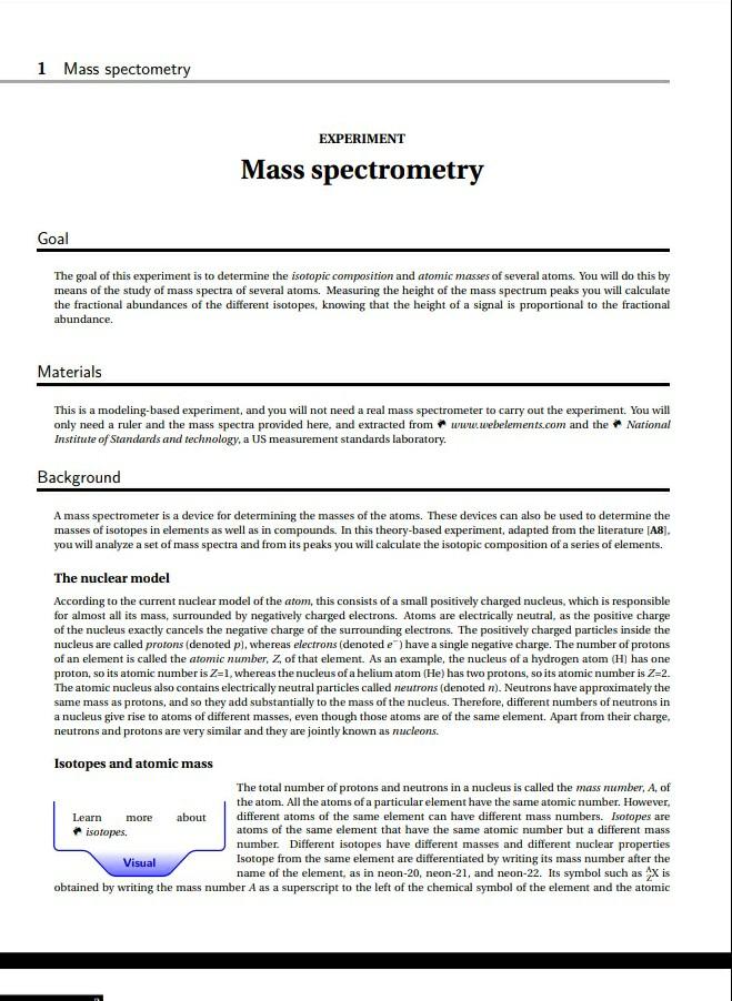 Solved 1 Mass spectometry EXPERIMENT Mass spectrometry Goal | Chegg.com