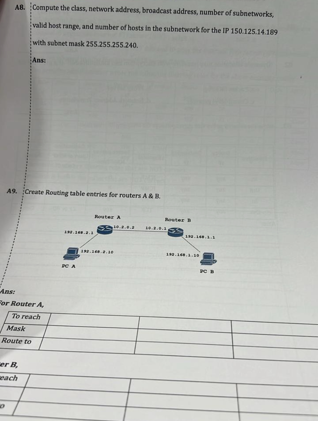 Solved A8. ﻿Compute the class, network address, broadcast | Chegg.com