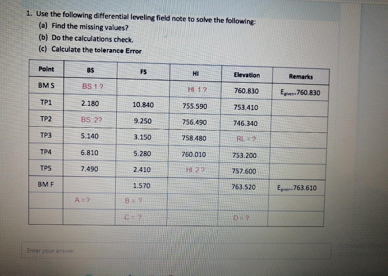 Solved 1. Use the following differential leveling field note | Chegg.com