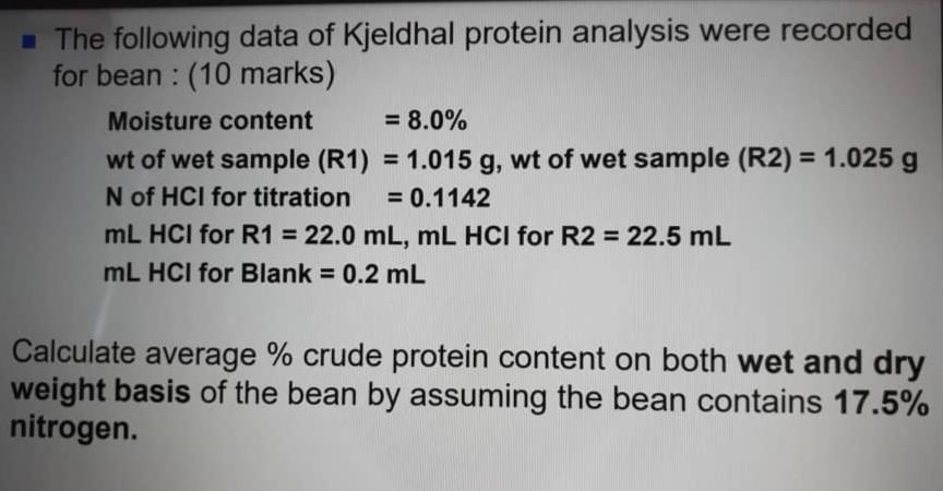Solved The following data of Kjeldhal protein analysis were | Chegg.com