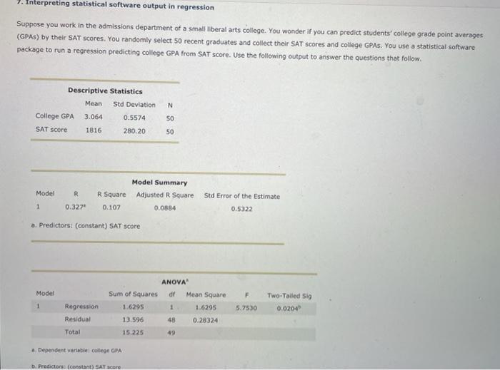 Solved Interpreting statistical software output in | Chegg.com