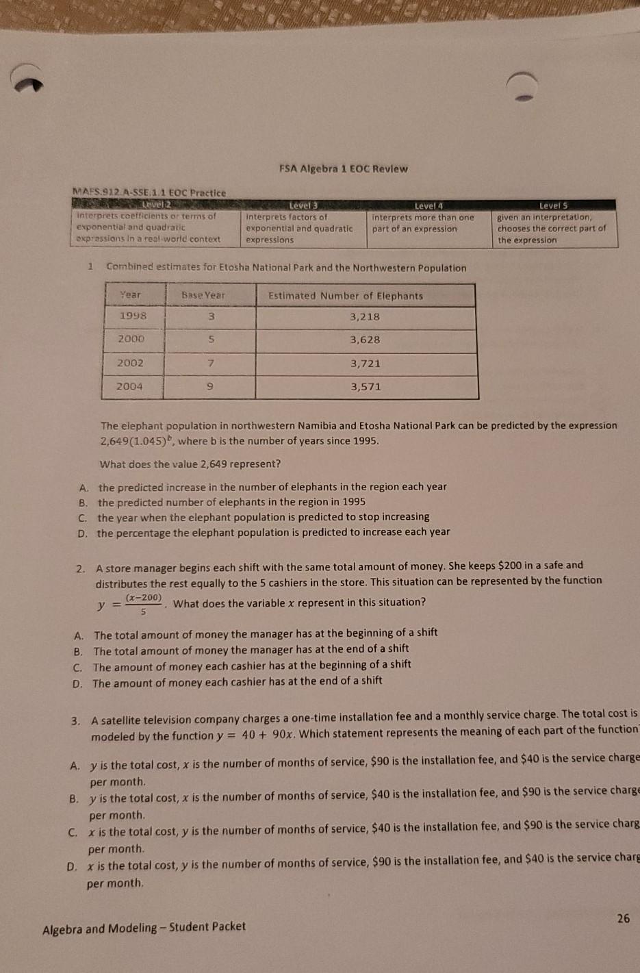 Solved FSA Algebra 1 EOC Review MAFS.912 A-SSE.1.1 EOC | Chegg.com