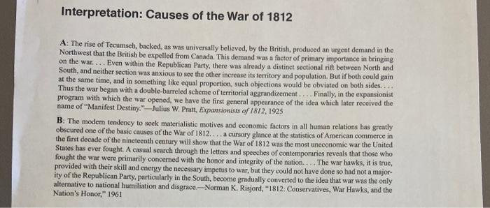 Interpretation: Causes of the War of 1812 A: The rise | Chegg.com
