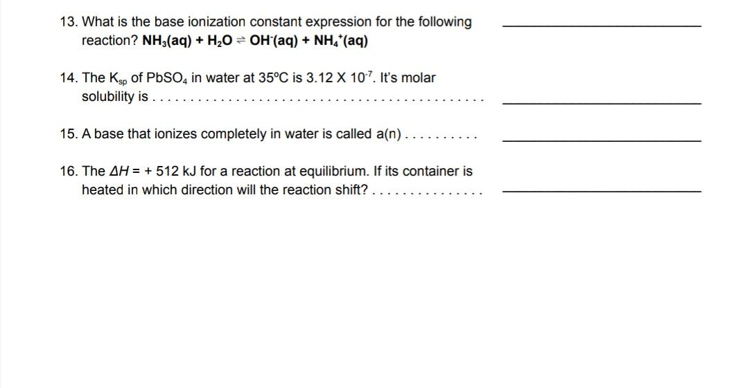 Solved 13. What is the base ionization constant expression | Chegg.com