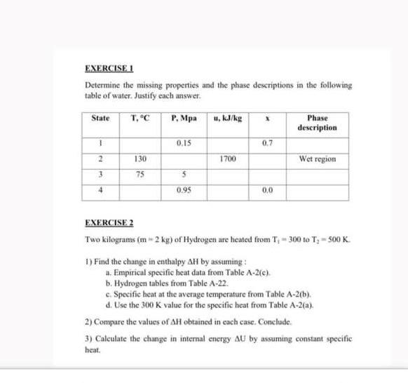 EXERCISE 1 Determine the missing properties and the | Chegg.com