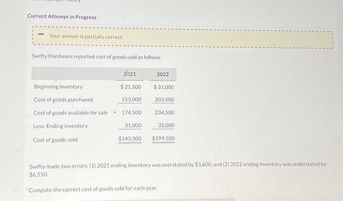 Solved Current Attempt in Progress Swifty Hardware reported | Chegg.com