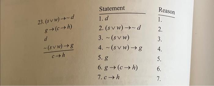 Solved (s∨w)→∼dg→(c→h)dc→h∼(s∨w)→g 7. c→h Statement 2. | Chegg.com