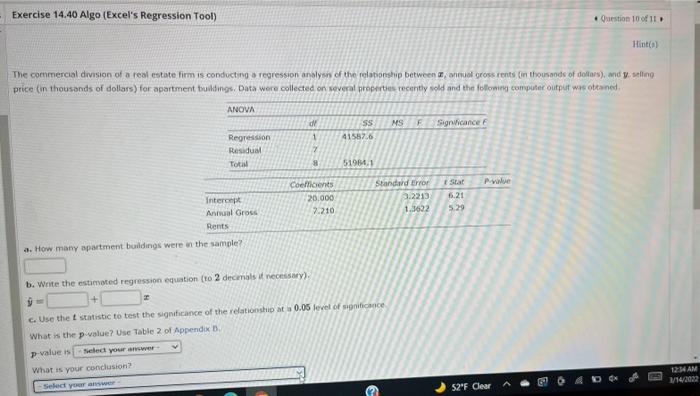 Solved Exercise 14.40 Algo (Excel's Regression Tool) • | Chegg.com