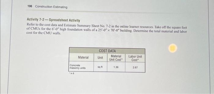 Solved Activity 7-2 - Spreadsheet Activity Refer to the cost | Chegg.com