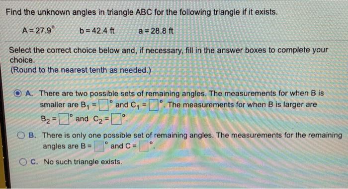 Solved Find the unknown angles in triangle ABC for the | Chegg.com