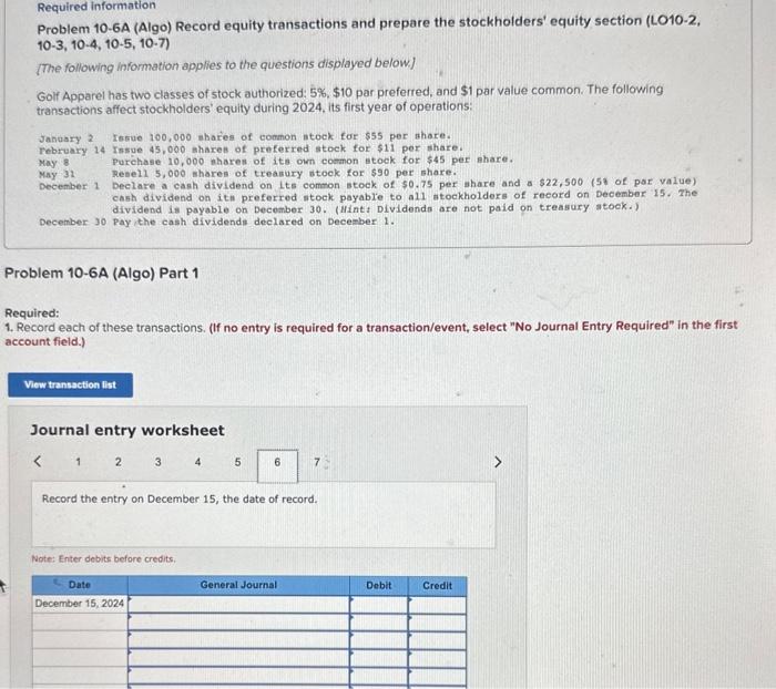 Solved Problem 10-6A (Algo) Record equity transactions and | Chegg.com