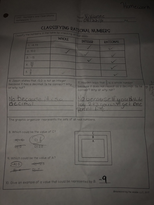 Solved Homework Number and operations Homewor Name Vivianna | Chegg.com