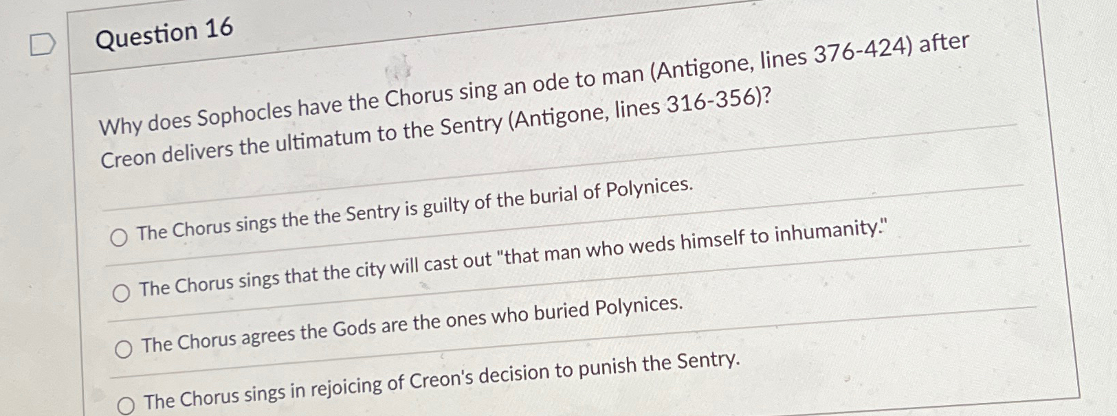 Solved Question 16Why does Sophocles have the Chorus sing an | Chegg.com