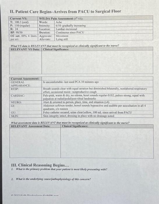 Solved II. Patient Care Begins-Arrives from PACU to Surgical | Chegg.com