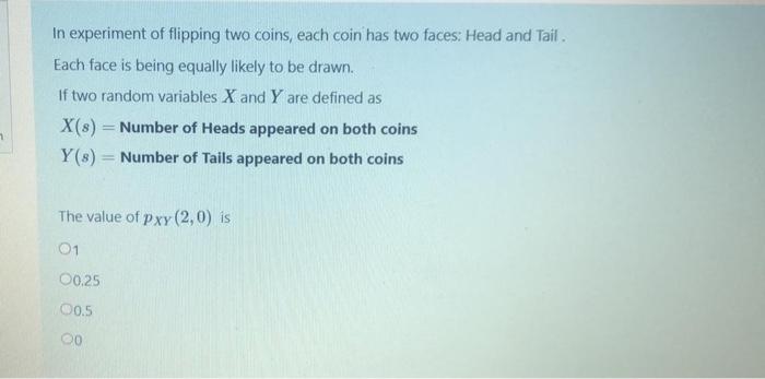 Solved In experiment of flipping two coins, each coin has | Chegg.com
