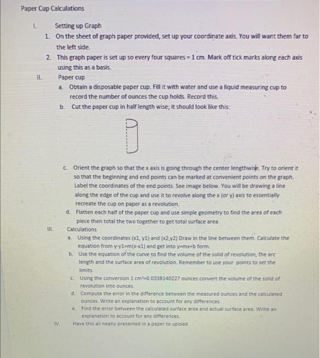 Paper Cup Calculations 1. Setting up Graph 1. On the | Chegg.com
