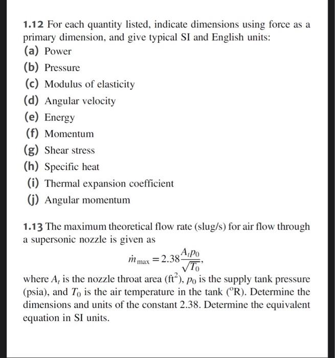 Solved 1.12 For each quantity listed, indicate dimensions | Chegg.com