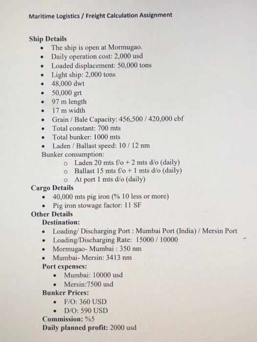 Maritime Logistics / Freight Calculation Assignment . | Chegg.com