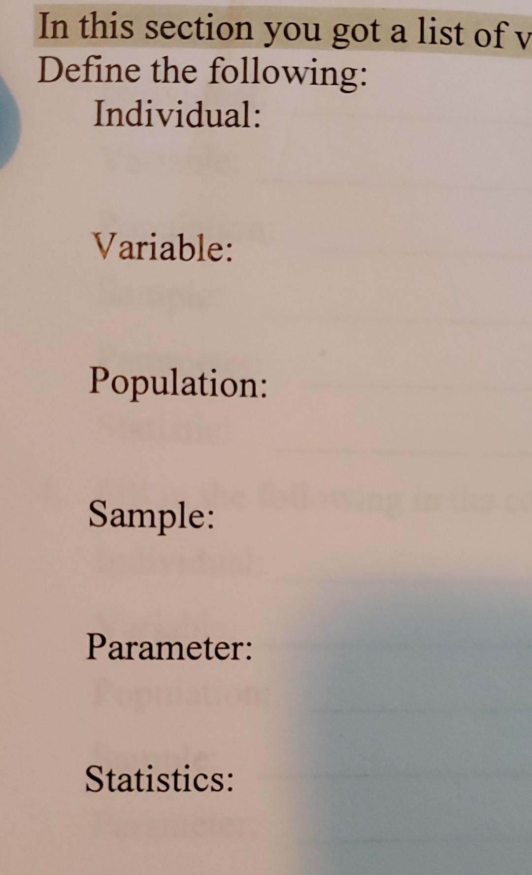 Solved In this section you got a list of Define the | Chegg.com