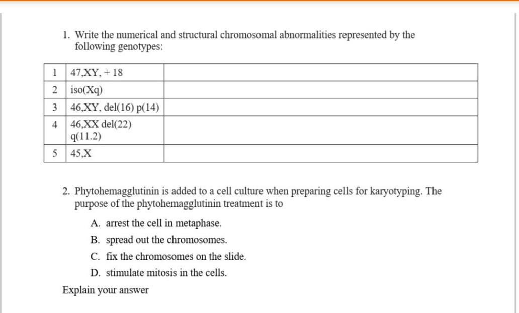 Solved 1. Write the numerical and structural chromosomal | Chegg.com