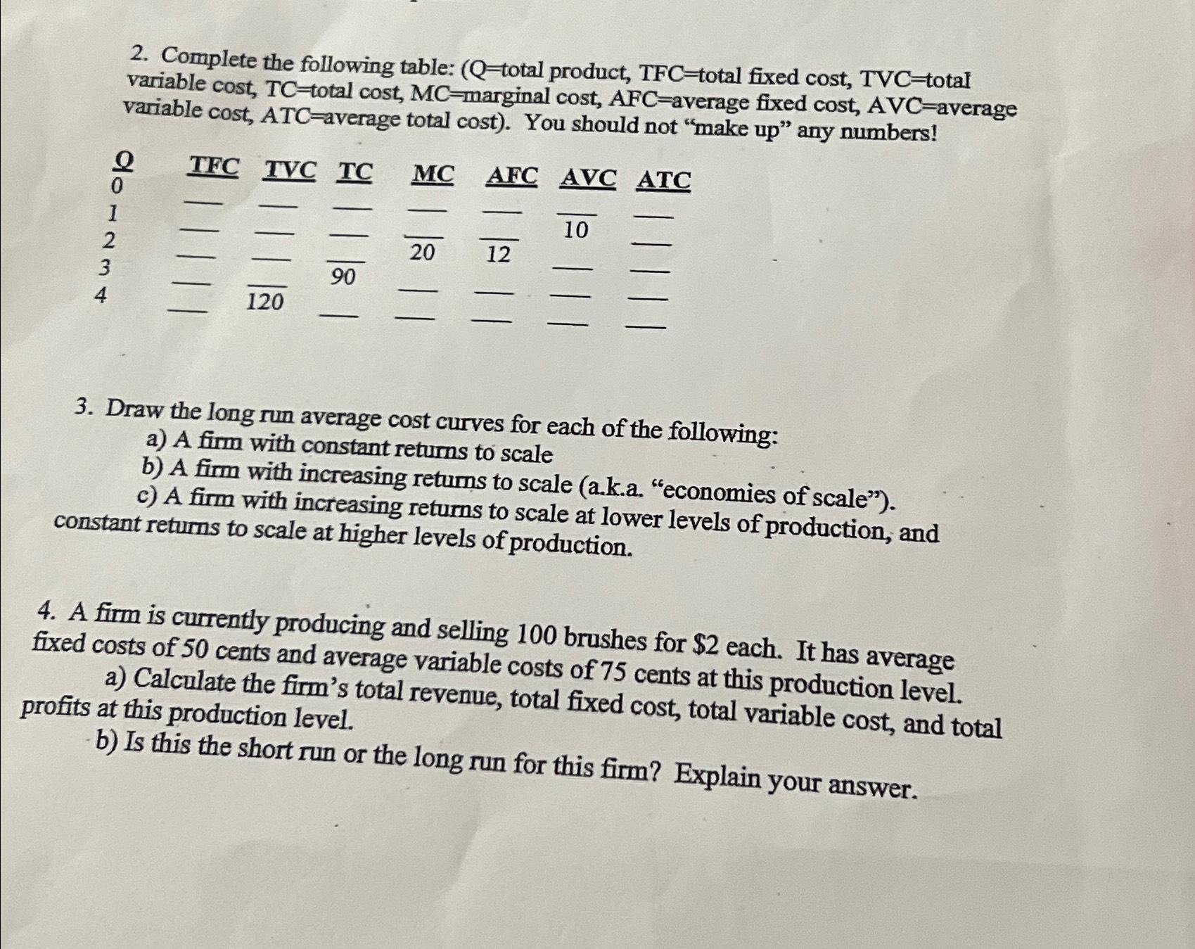 Solved Complete the following table: total product, TFC= | Chegg.com