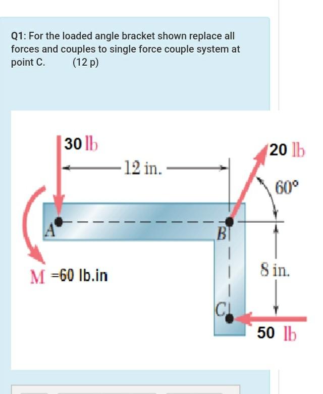 Solved Q1: For the loaded angle bracket shown replace all | Chegg.com